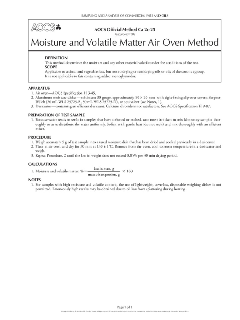 AOCS Ca 2c-25 MOISTURE AND VOLATILE MATTER AIR OVEN METHOD | PDF