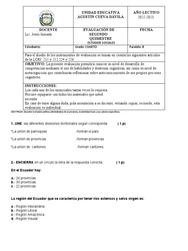 Eval 4to Egb 2 Quim CS | PDF | Alcalde