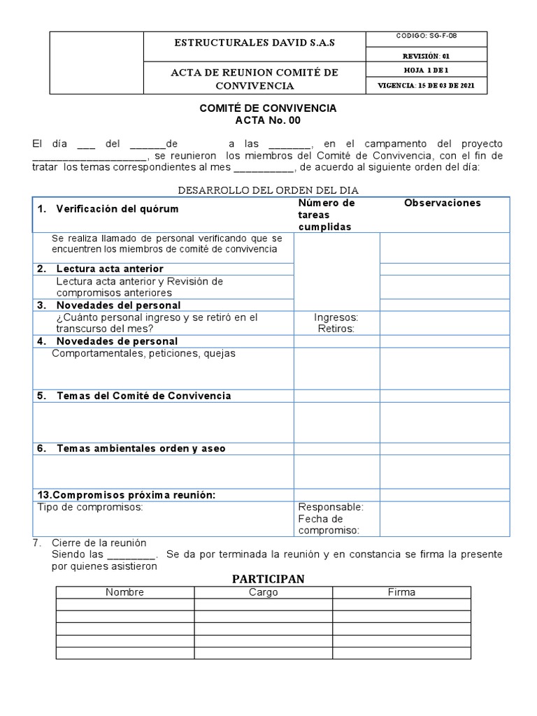 8. Formato Acta de Reunion Comite Convivencia | PDF