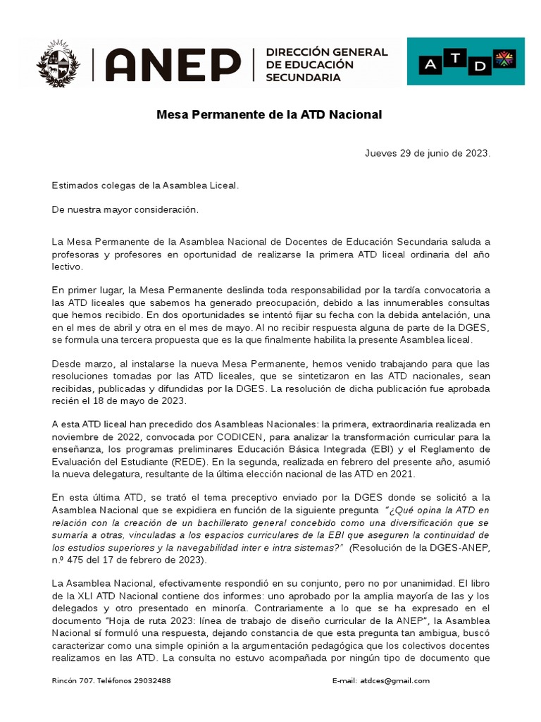 Carta A Las ATD Liceales Junio 2023 | PDF