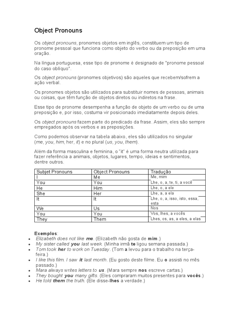 Guia Completo de Object Pronouns em Inglês | PDF | Artes Linguísticas e ...