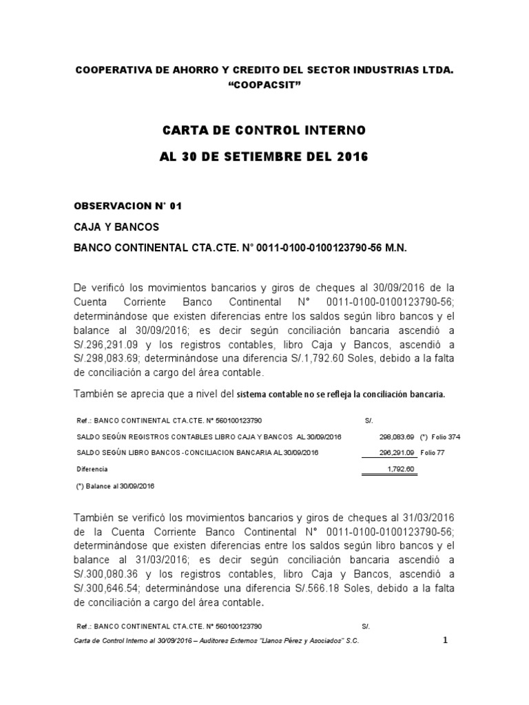 Carta de Control Interno Al 30.09.2016 - Coopacsit - Final Final | PDF | Contabilidad | Bancos