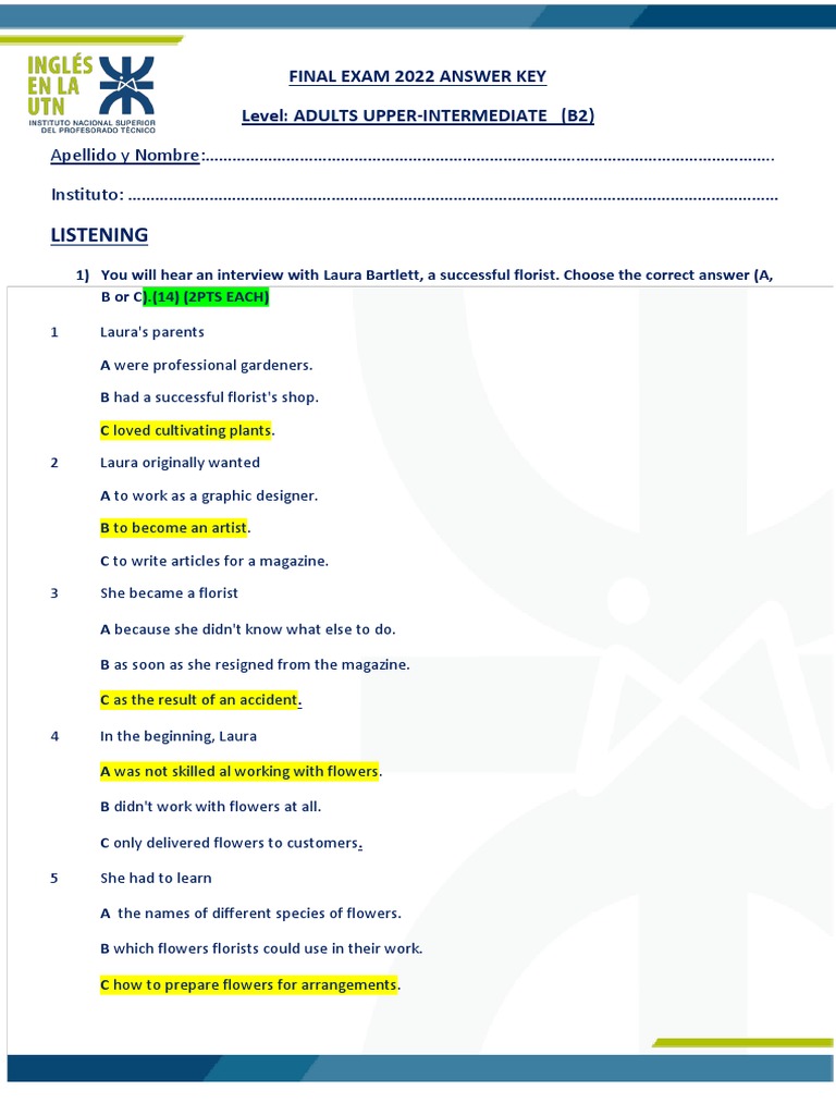 Adults Upper Intermediate Final Exam 2022 Answer Key | PDF | Floristry ...