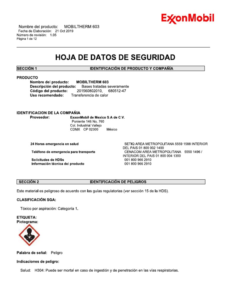 HOJA DE SEGURIDAD Mobiltherm 603 | PDF