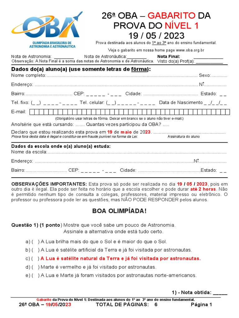Prova Nivel 1 Da 26 OBA DE 2023 - GABARITO | PDF | Planetas | Marte