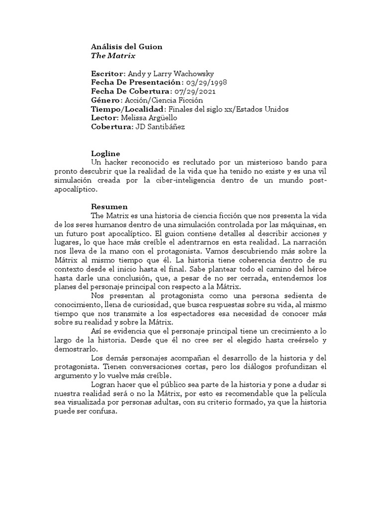 Análisis del Guion de The Matrix | PDF | Libros para adolescentes