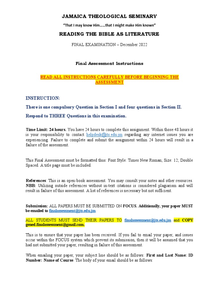 Final Exam: Reading the Bible as Literature | PDF | Bible | Theology