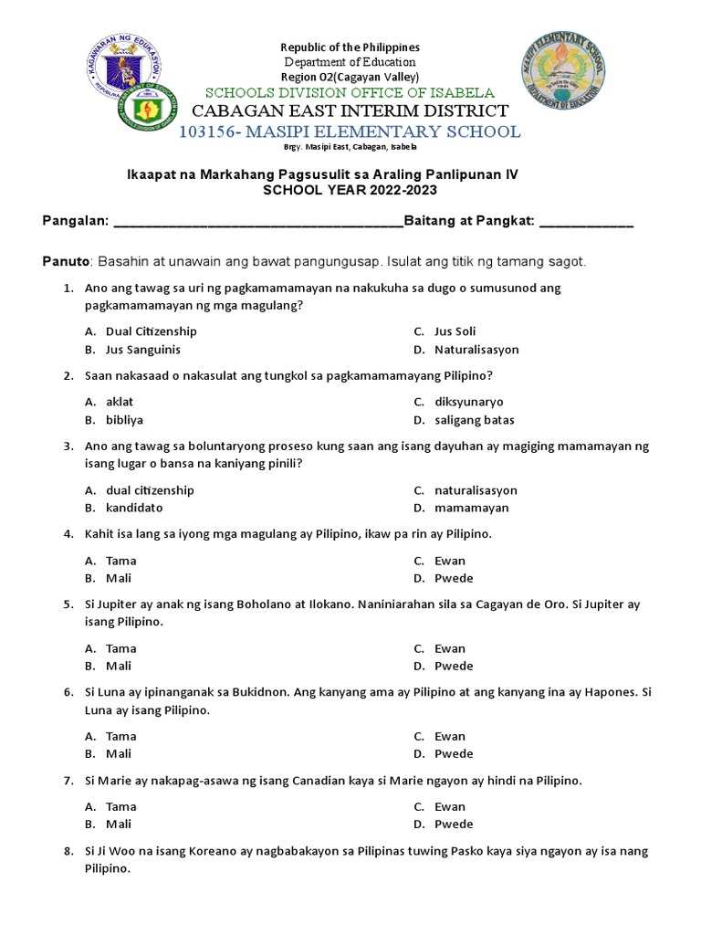 Ap 4TH Periodical Test | PDF