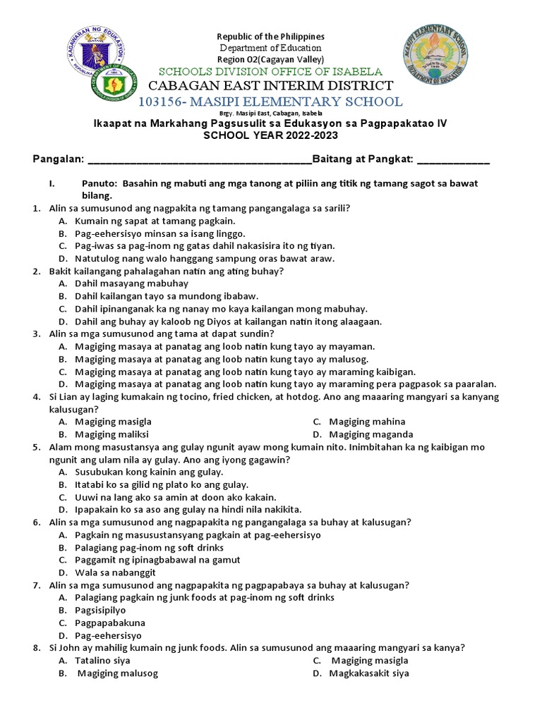 ESP 4th Periodical Test | PDF