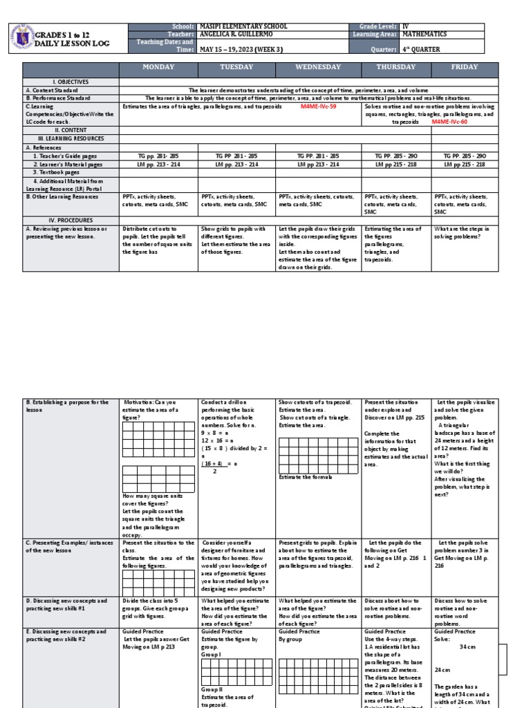 DLL - Mathematics 4 - Q4 - W3 | PDF | Area | Triangle