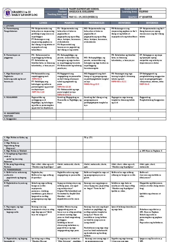 DLL - Filipino 4 - Q4 - W3 | PDF