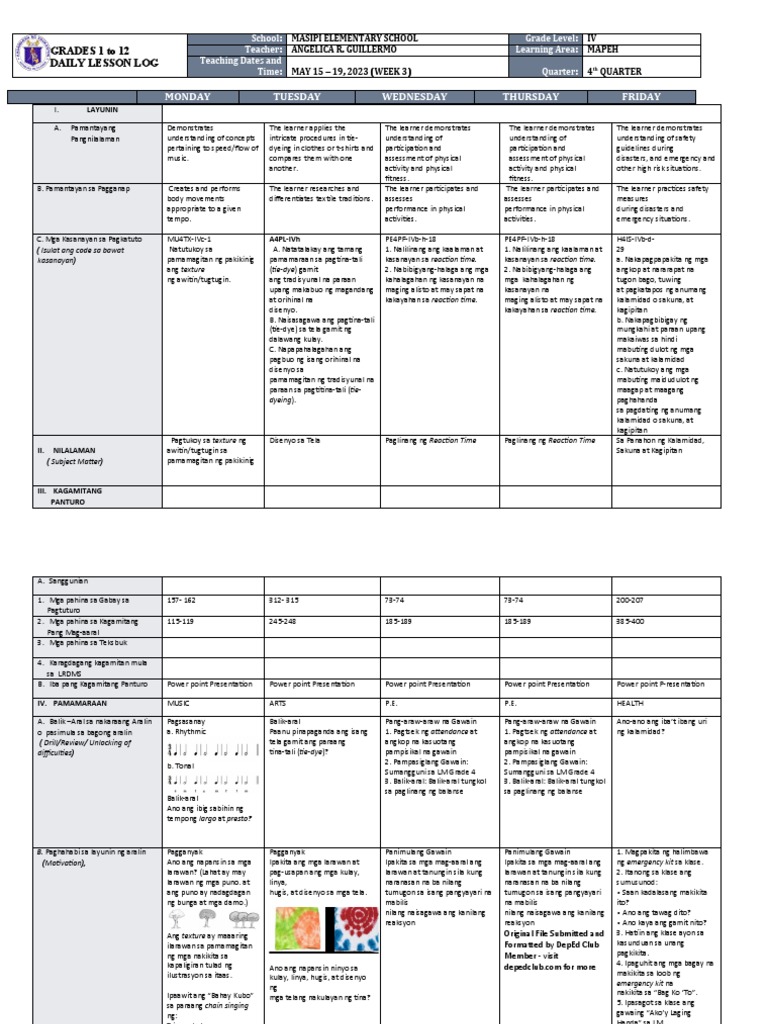 DLL - Mapeh 4 - Q4 - W3 | PDF