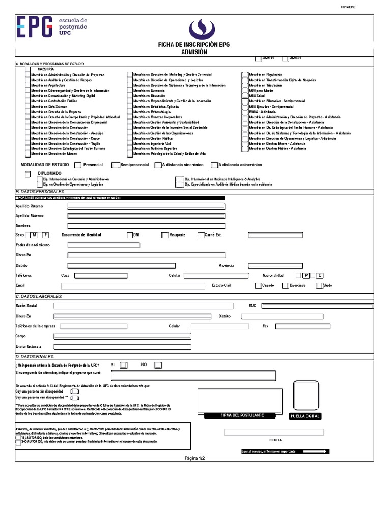 Ficha de Inscripcion Epg - Ma - DG 2023 - V210323 | PDF | Máster en Administración de Empresas ...
