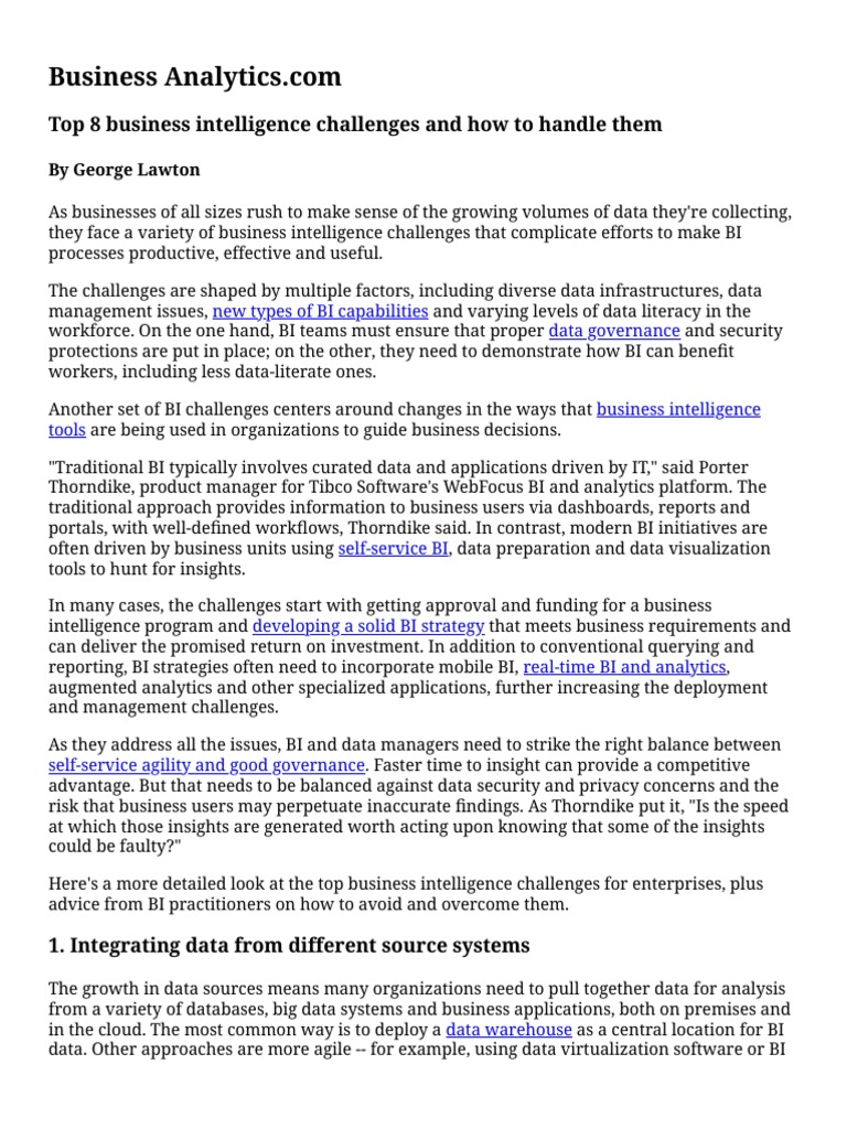 Top 8 Business Intelligence Challenges and How To Handle Them | Download Free PDF | Business ...