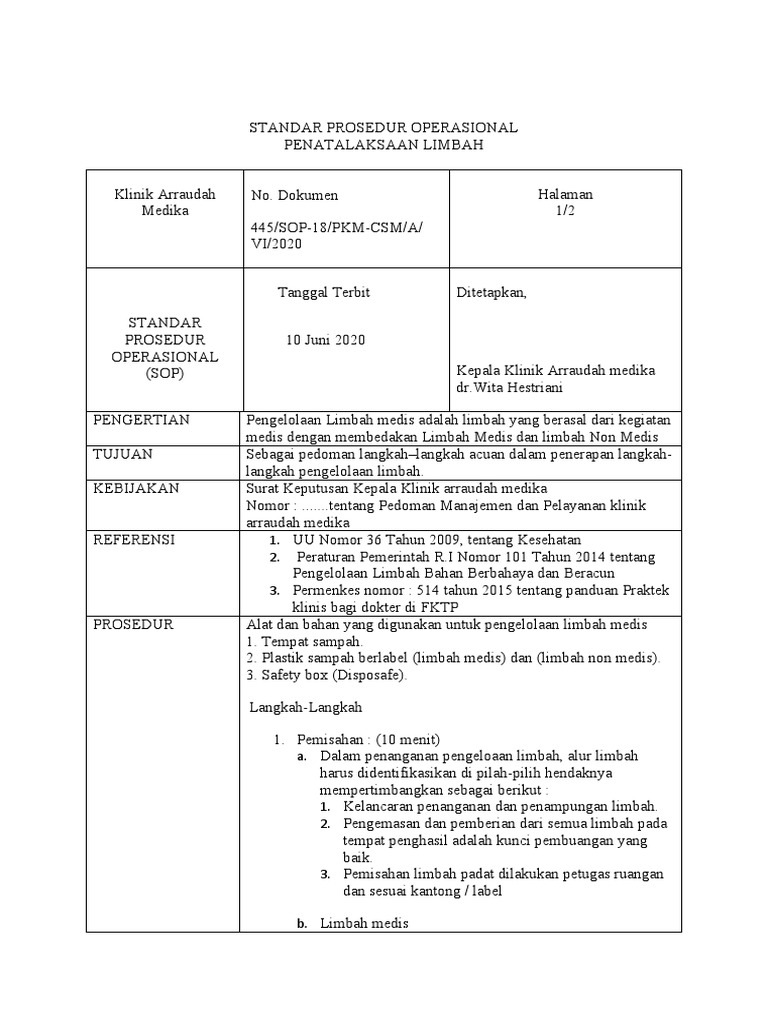 SOP Penatalaksanaan Limbah | PDF