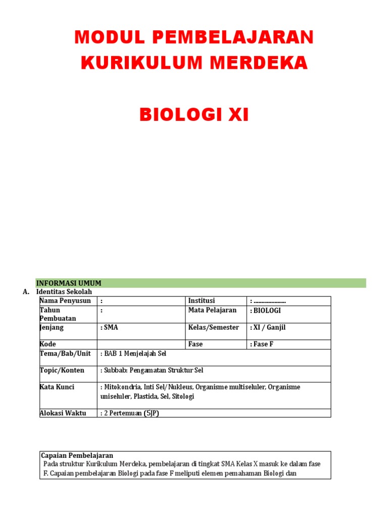 Modul Biologi Kelas XI: Struktur Sel | PDF