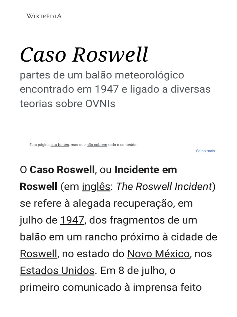 Caso Roswell - Wikipédia, A Enciclopédia Livre | PDF | Ufologia