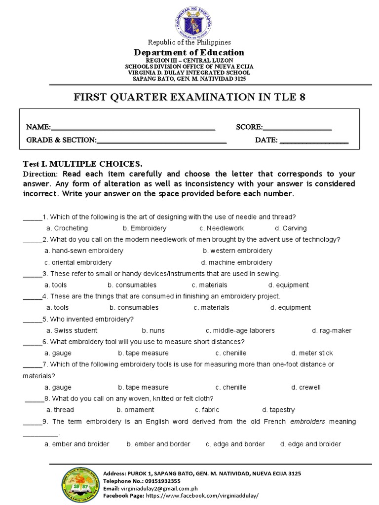 Embroidery - Tle Exam | PDF | Embroidery | Yarn