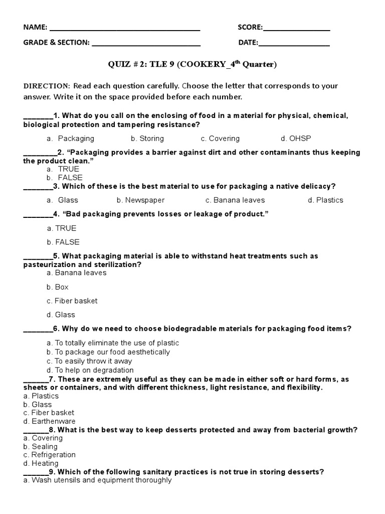 9 COOKERY - Quiz 2 4th Quarter | PDF