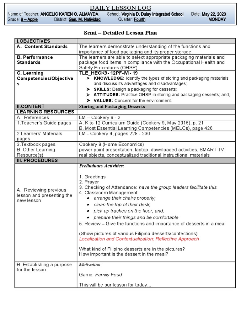 COT 2 - TLE - Storing and Packaging Desserts | PDF | Learning ...
