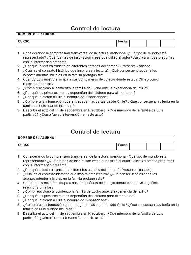 Control de Lectura No Pasó Nada | PDF