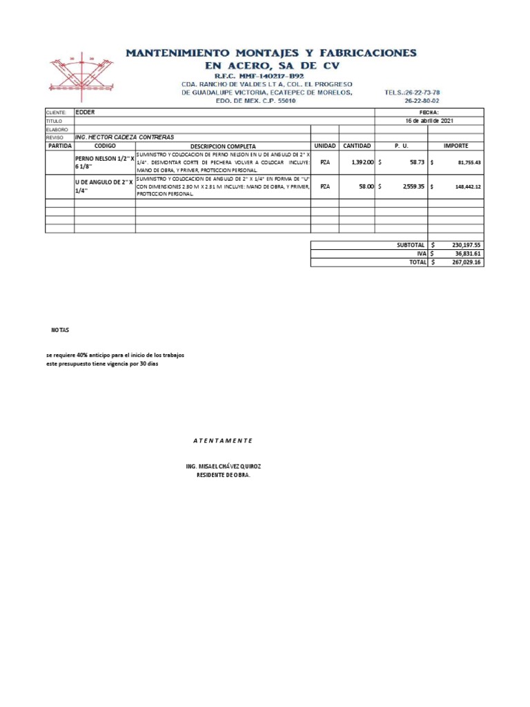 Presupuesto Pernos Nelson y Angulo | PDF