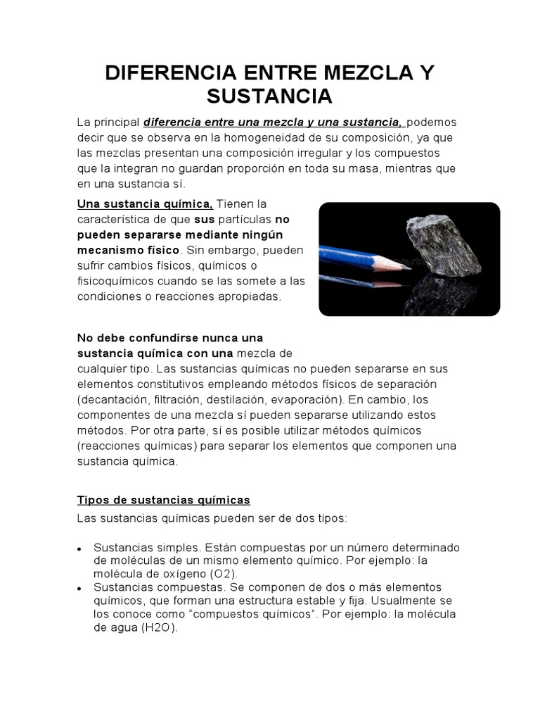 Diferencia Entre Mezcla y Sustancia | PDF | Mezcla | Sustancias químicas
