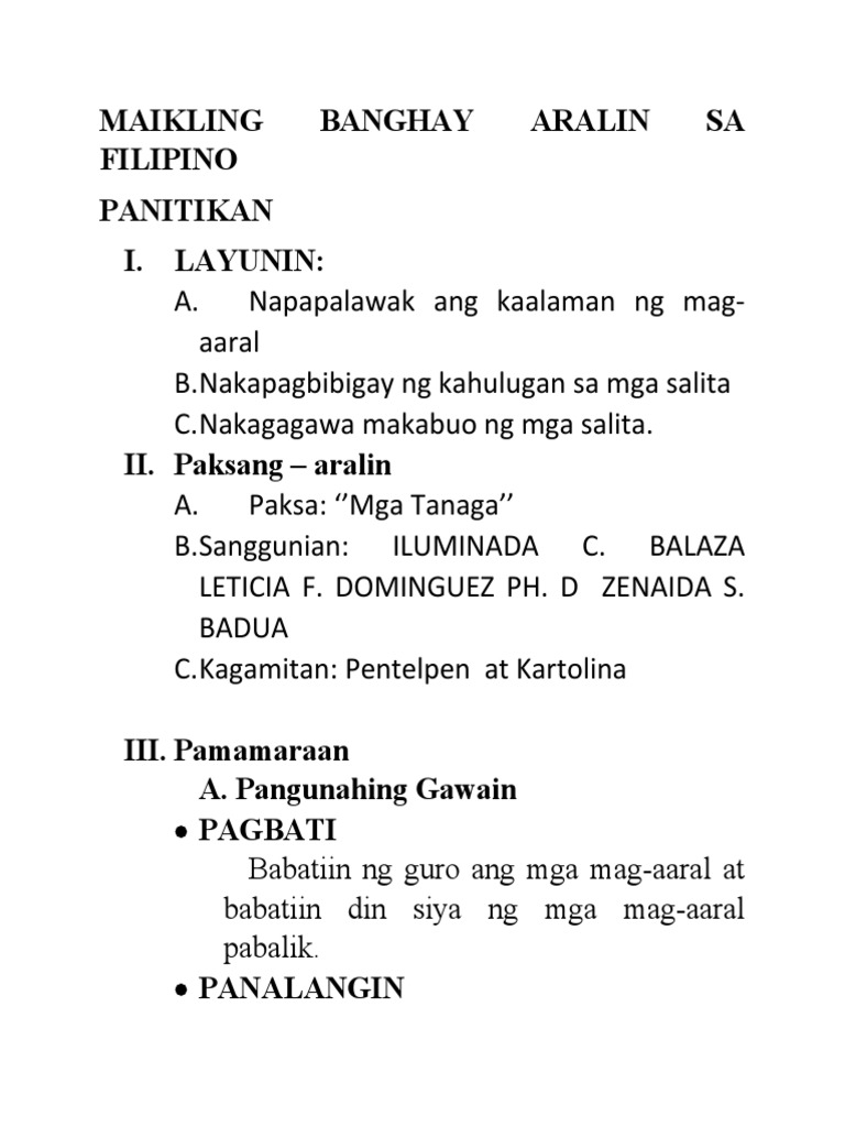 Maikling Banghay Aralin Sa Filipino | PDF