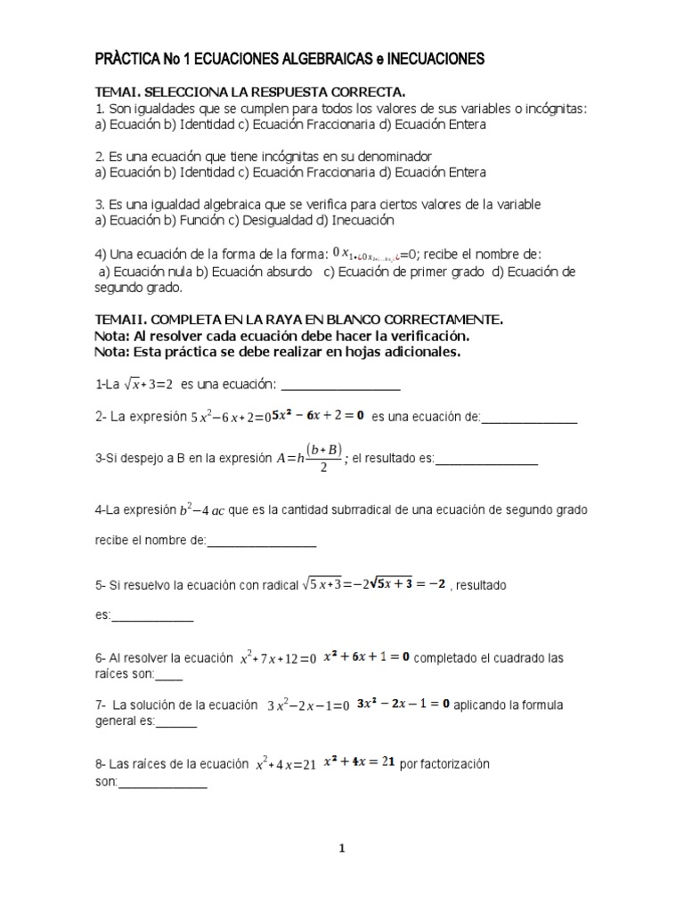Práctica 1 Algebra | PDF | Ecuaciones | Ecuación cuadrática