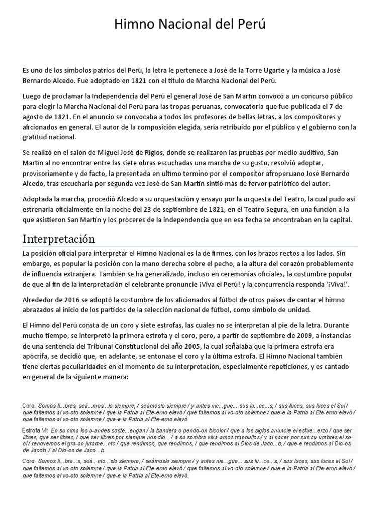 Himno Nacional Del Perú | PDF | Himnos | Canciones patrióticas