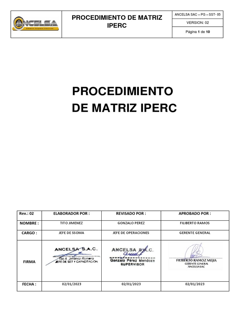 Procedimiento de MATRIZ IPERC | PDF | Riesgo | Evaluación
