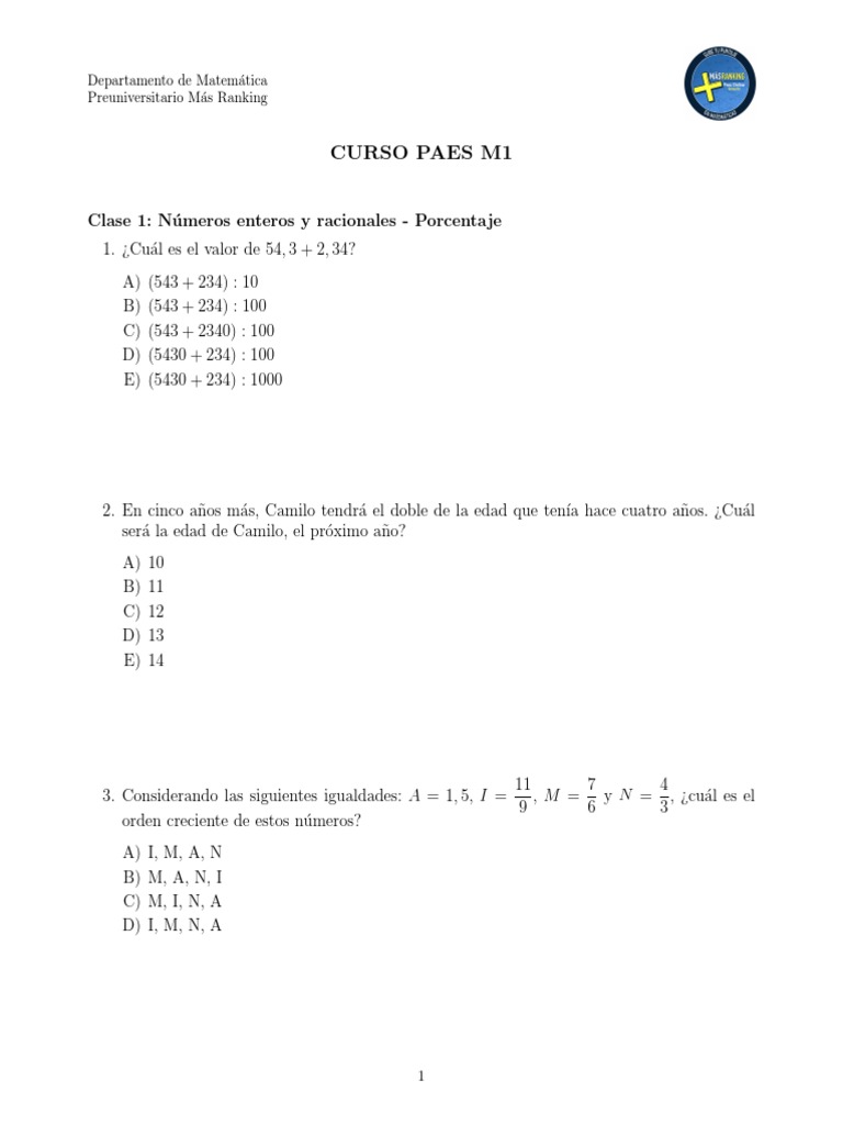 Clase1 M1 | Descargar gratis PDF | Sustracción | Multiplicación