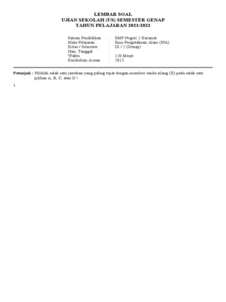 Lembar Soal Ujian Sekolah Kelas 9 | PDF