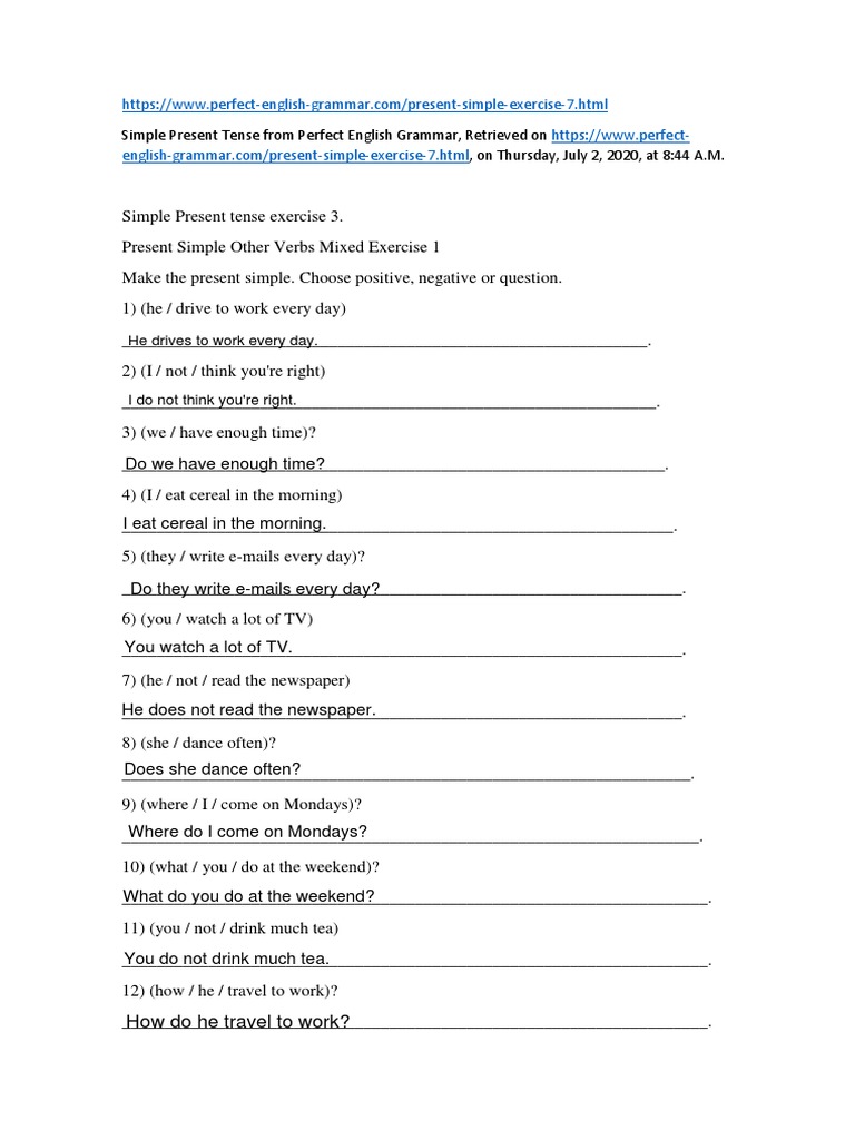 Present Simple Tense Mixed Exercises | PDF | Grammatical Tense | Languages