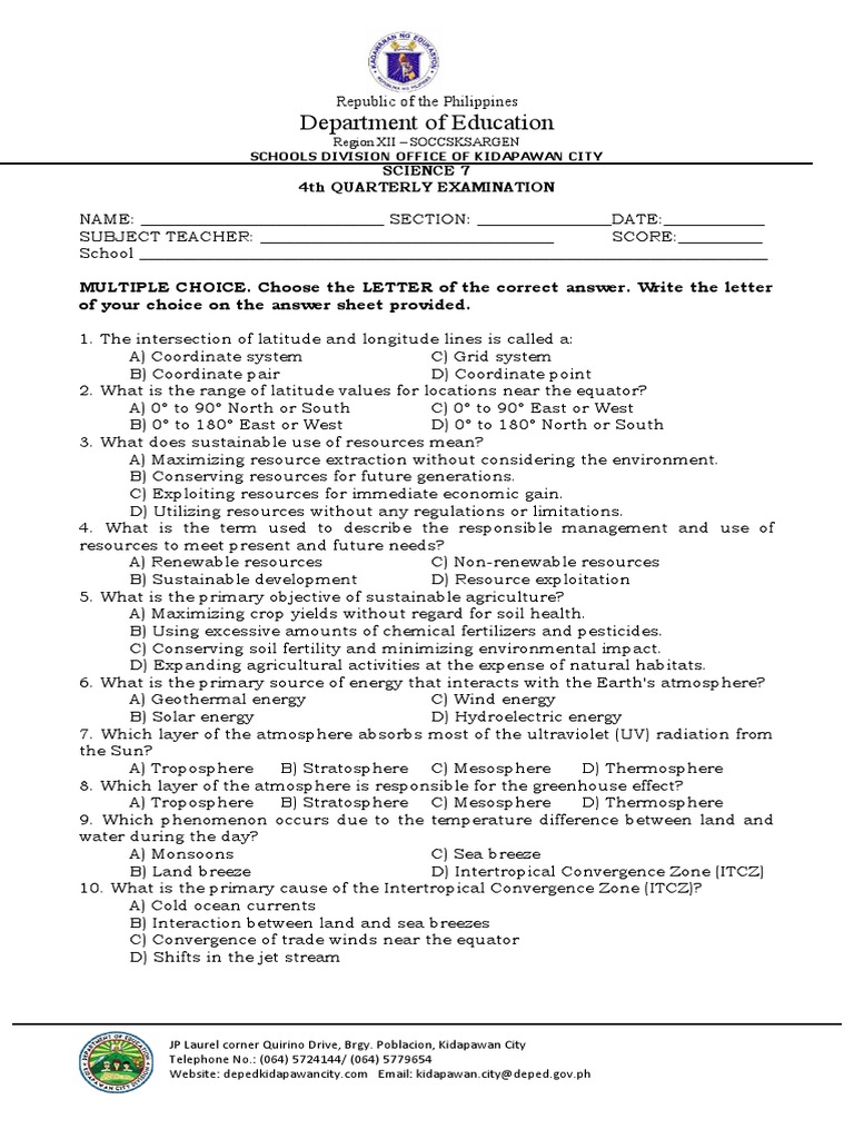 SCIENCE 7 4th Quarter Exam - TOS | PDF | Atmosphere Of Earth | Earth