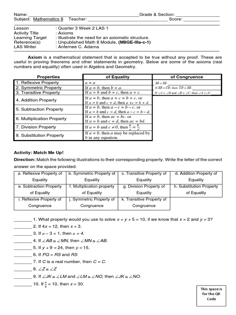 LAS-Math8-Q3-Week2-LAS1-Final | PDF | Mathematics | Axiom