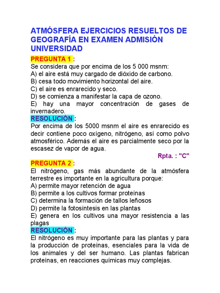 Atmósfera Ejercicios Resueltos de Geografía en Examen Admisión ...