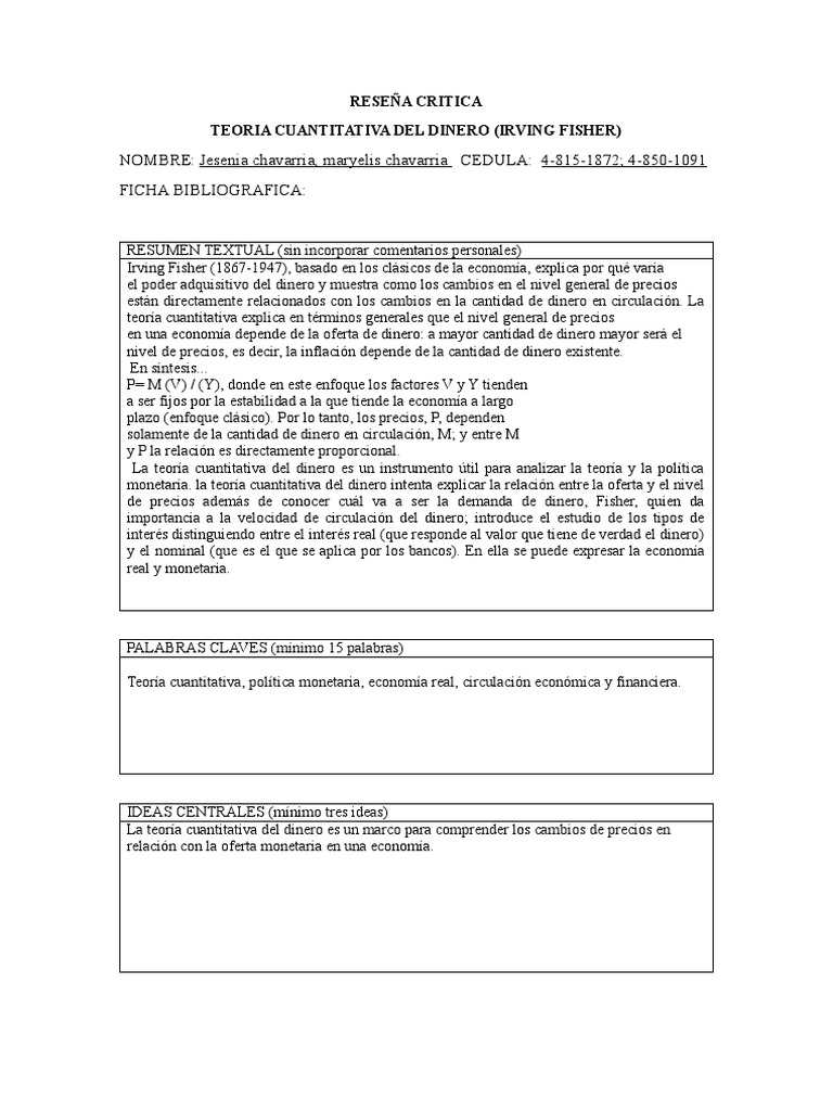 Reseña Critica Teoria Cuantitativa Del Dinero (Firving Fisher) | PDF ... Reseña Critica Teoria Cuantitativa Del Dinero (Firving Fisher) | PDF ...
