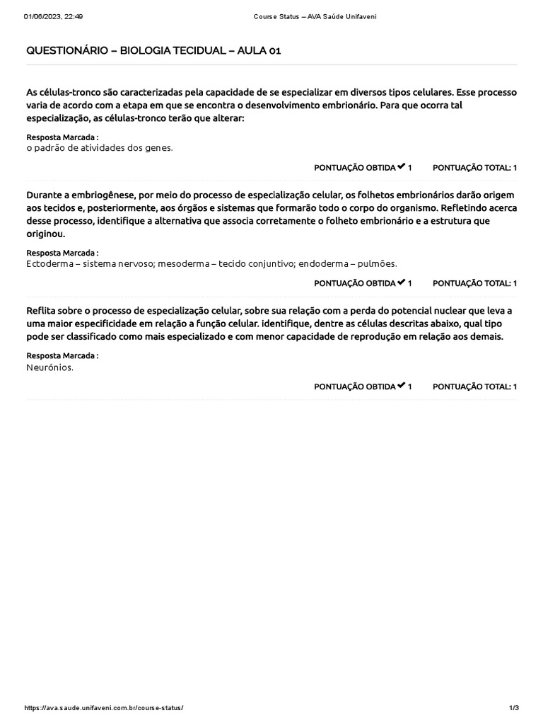 Questionário 01 | PDF | Ovo | Biologia