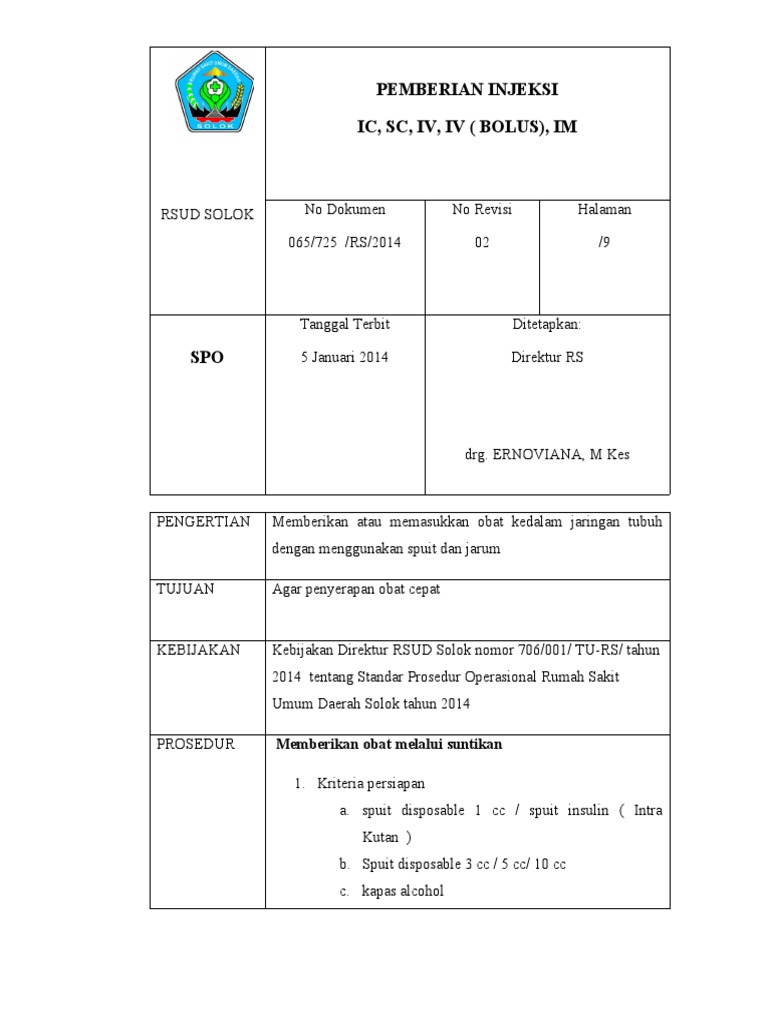 Prosedur Pemberian Injeksi RSUD Solok | PDF