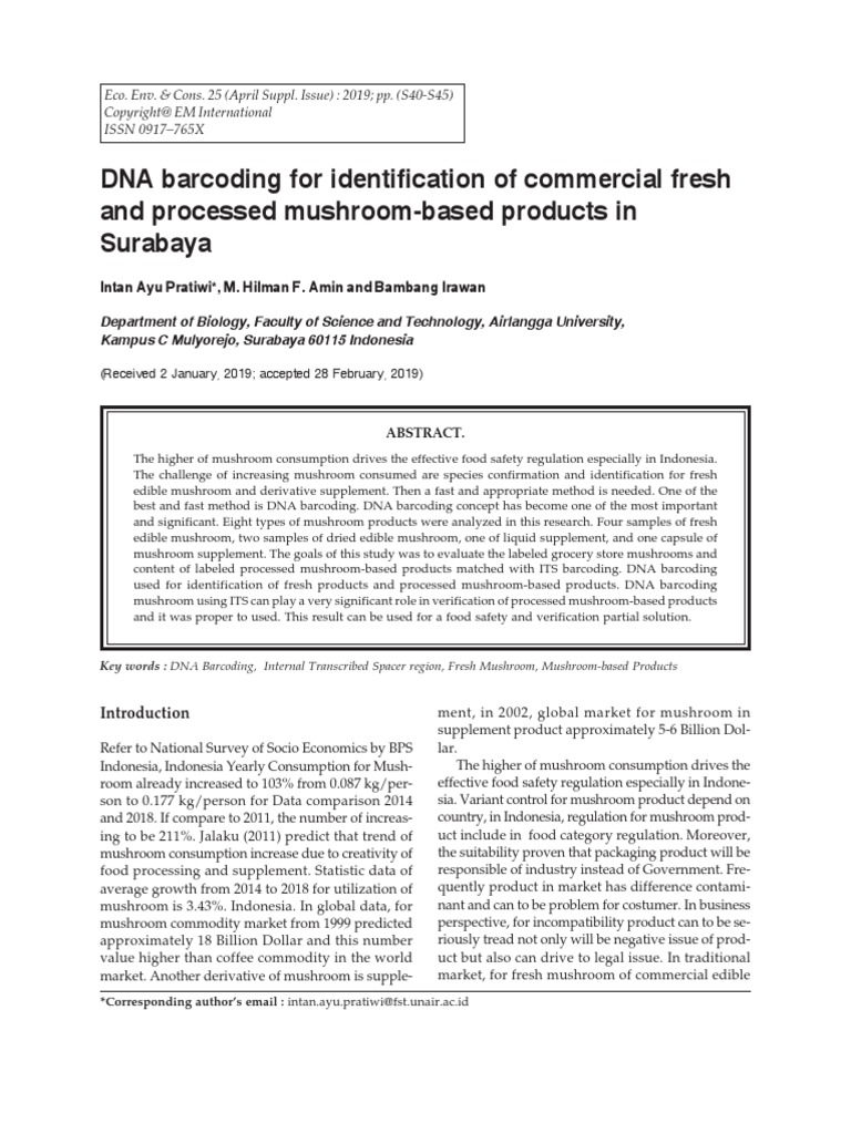 DNA Barcoding For Identification of Commercial Fresh and Processed Mushroom-Based Products in ...