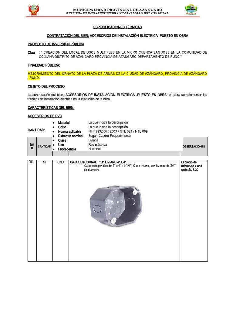 ESP. TEC. INSTALACION ELECTRICASS | PDF | Cobre | Materiales