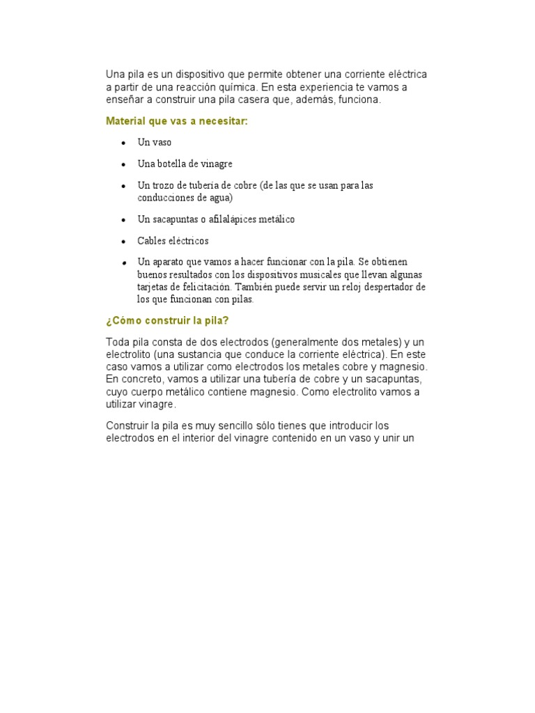 Cómo Hacer una Pila Casera Fácilmente | PDF | Cobre | Corriente eléctrica