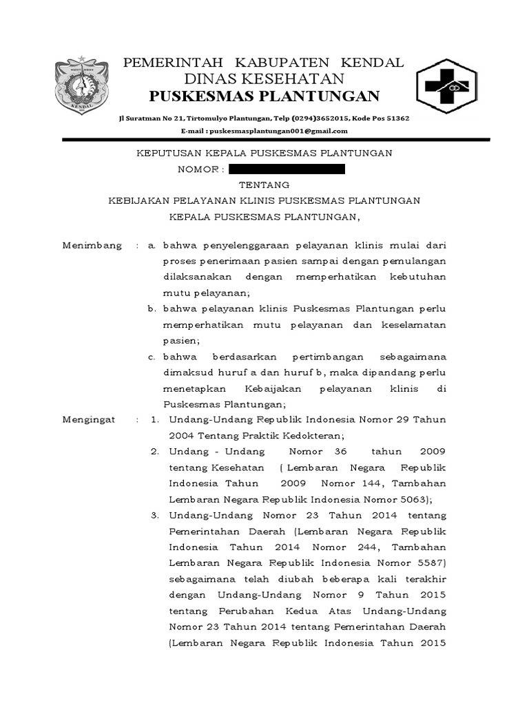 SK Kebijakan Layanan Klinis Plantungan | PDF | Pengembangan Diri | Kesehatan Holistik