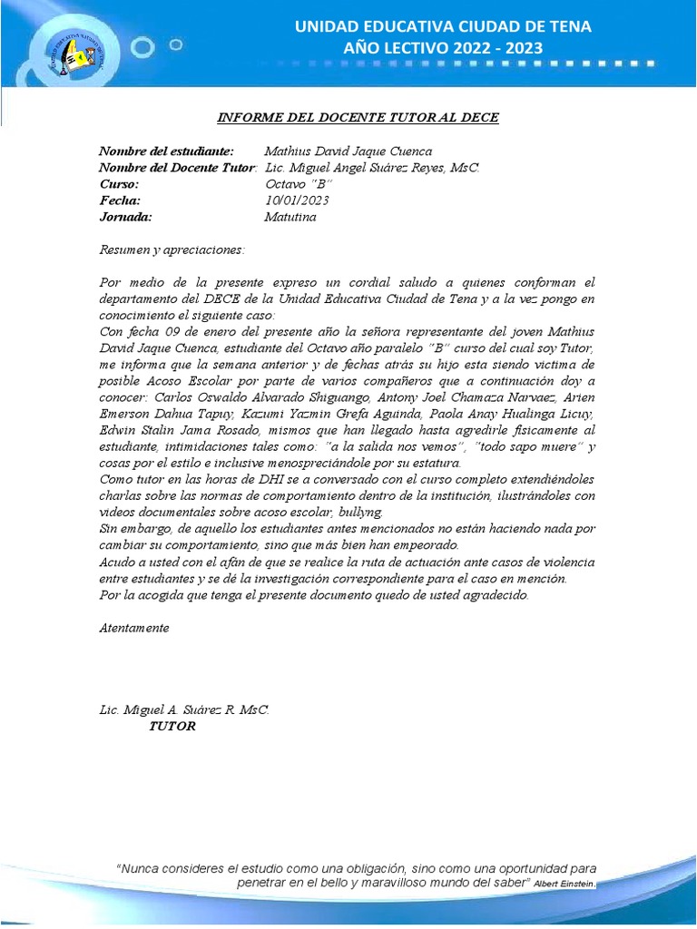 Informe Del Docente Tutor Al Dece Jaque | PDF