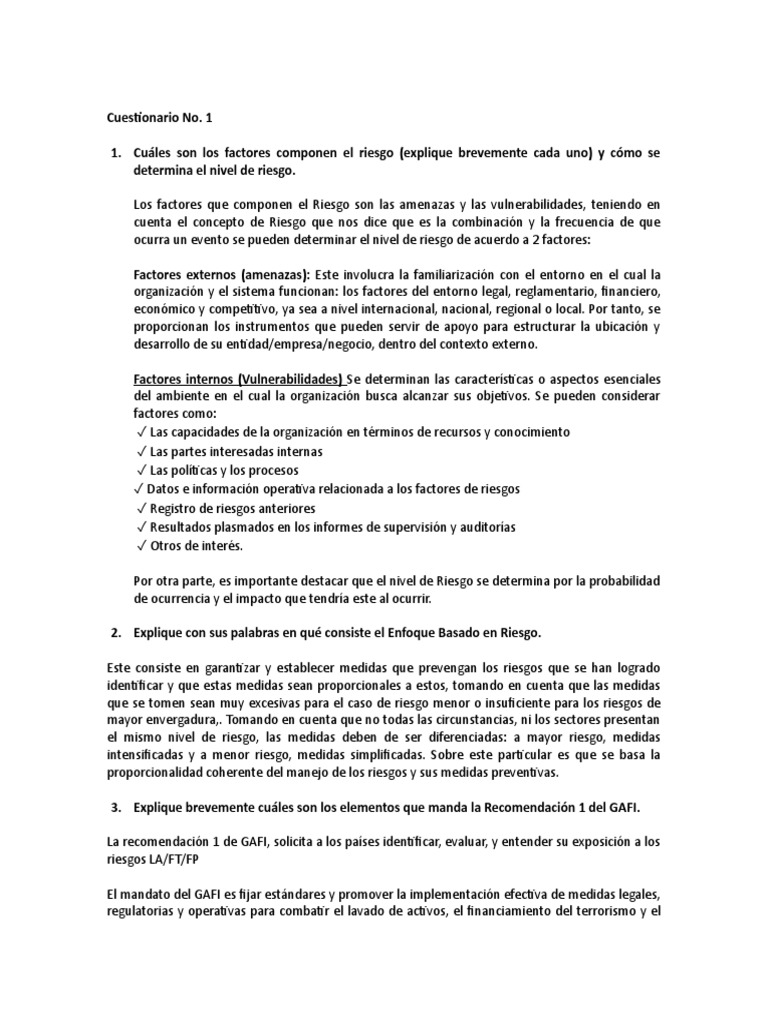 Cuestionarios Temas 1, 2 y 3 (Resuelto) | PDF | Lavado de dinero | Riesgo