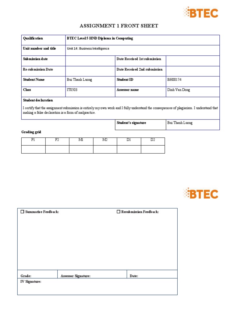 Unit 14 - Assignment 1 Frontsheet | PDF | Business Intelligence | Business Process