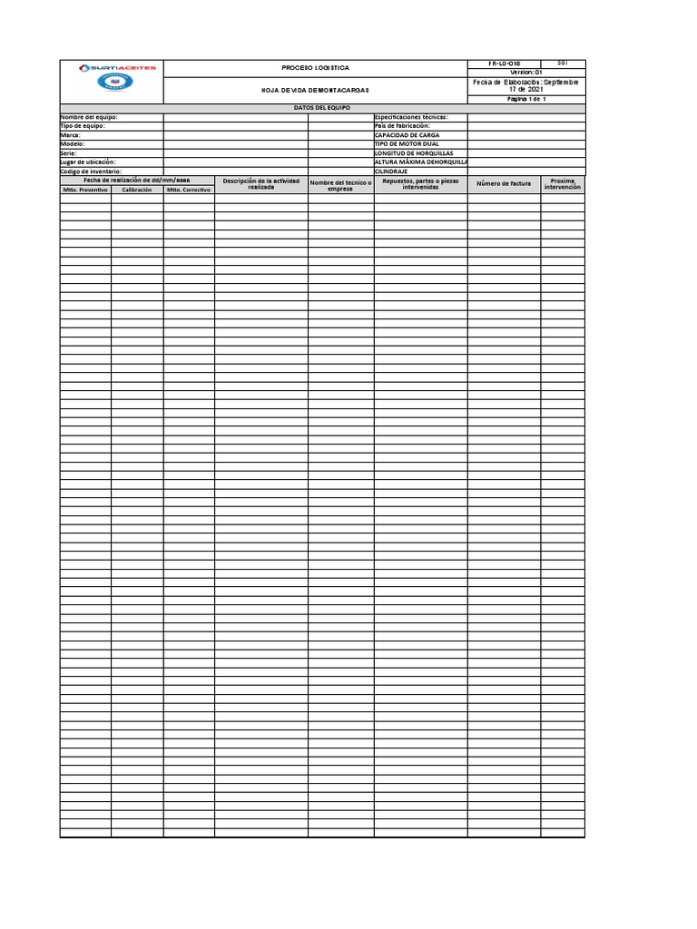FR-LO-018 Hoja de Vida Montacargas | PDF