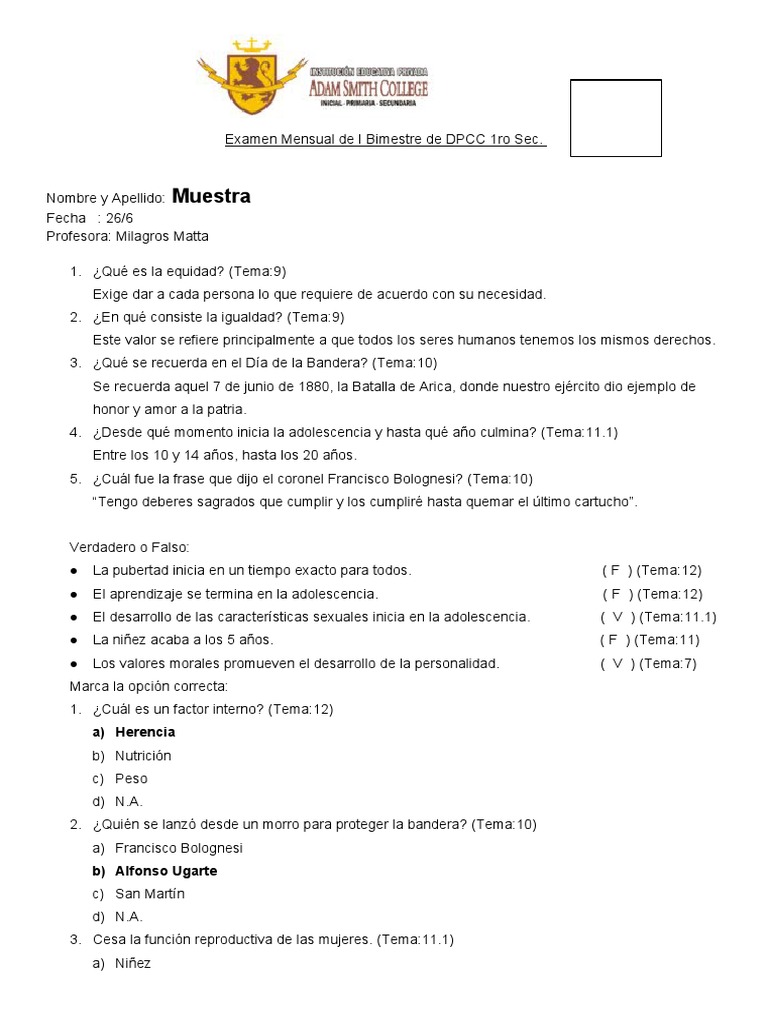 Borrador Examen Mensual I Bimestre DPCC 1ro Sec | PDF