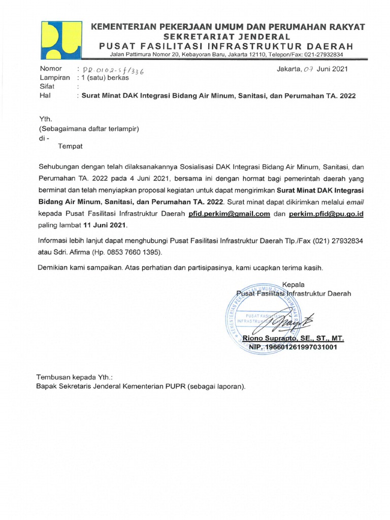 Surat Minat DAK Integrasi Bidang Air Minum, Sanitasi, Dan Perumahan TA ...